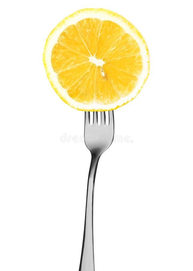 On the Fork a Cut Slice of Lemon Isolated on White. Stock Image - Image ...