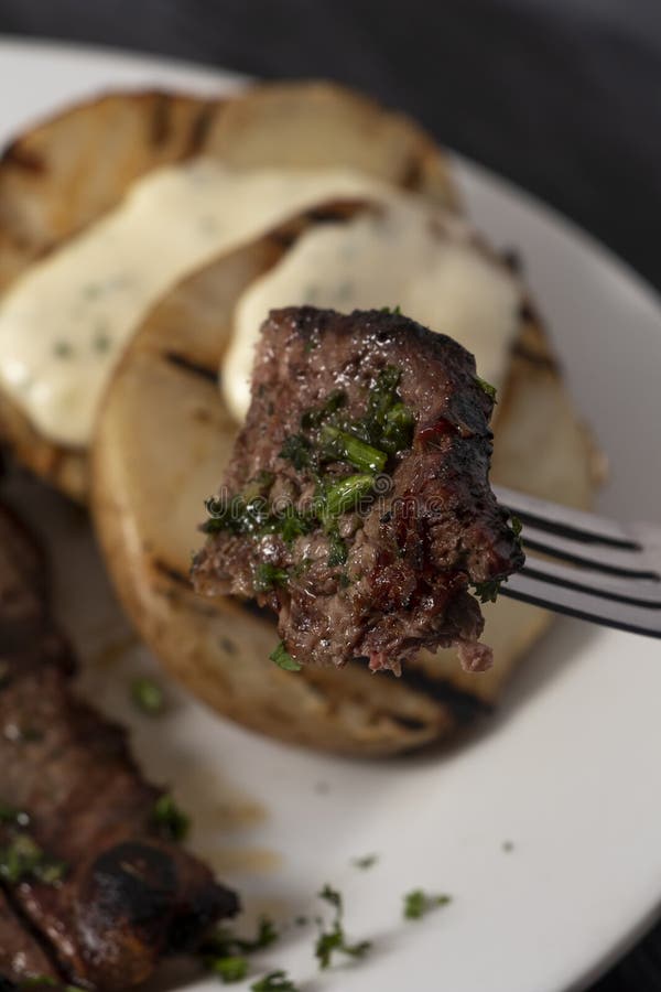Fork with Detail of Roast Beef with Fine Herbs Stock Image - Image of ...