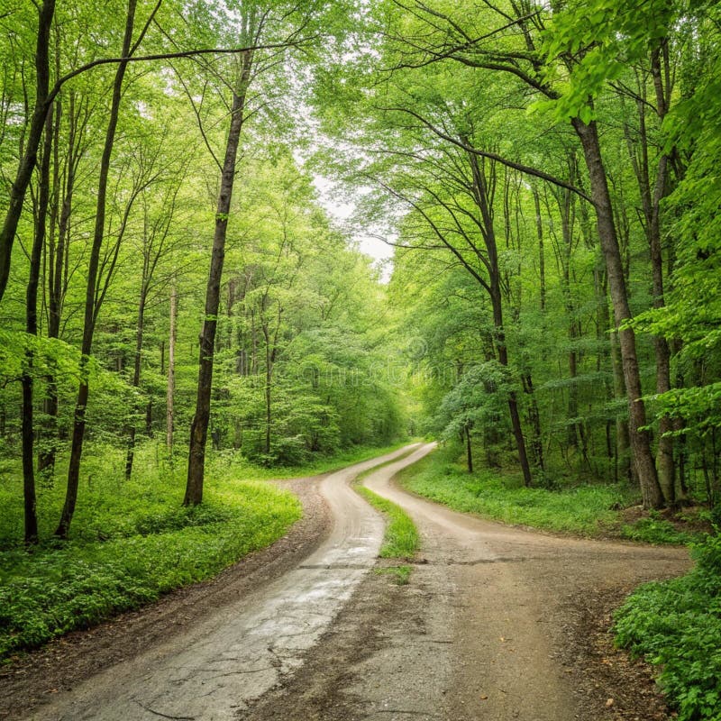 Fork in a Forest Road in a Beautiful Green Forest Stock Illustration ...