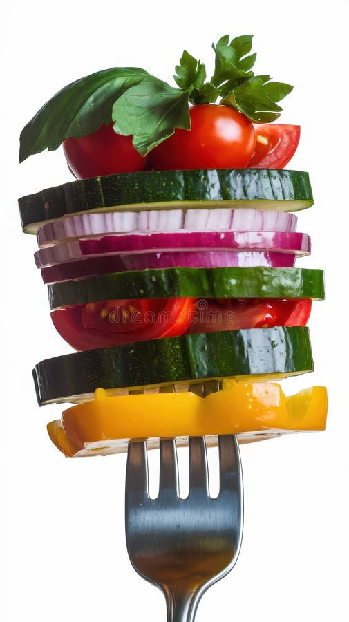 Fork Holding Stack of Colorful Sliced Vegetables in Sandwich Style ...