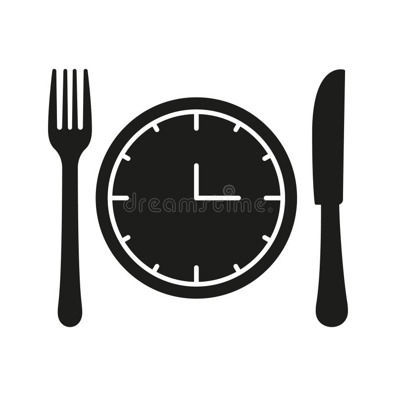 Fork and Knife with Clock Silhouette Icon, Lunch Time Concept ...