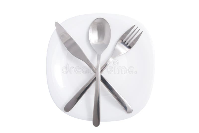 Fork and Knife Over White Plate Isolated Stock Photo - Image of ...