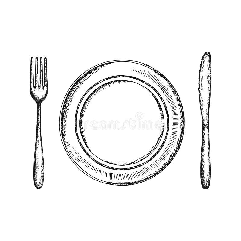 Fork Knife And A Plate Of Cutlery Vector Sketch Isolated On White Background Stock Vector