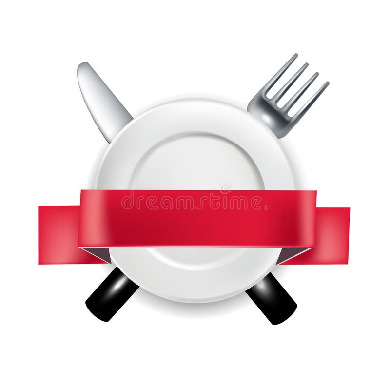 Fork and Knife with Plate and Red Ribbon Banner Illustrat Stock ...