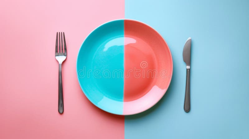 A Fork and Knife on a Plate with Two Halves of the Same Color, AI Stock ...