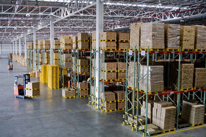 Fork Lifter Work in Big Warehouse Stock Photo - Image of pallet ...