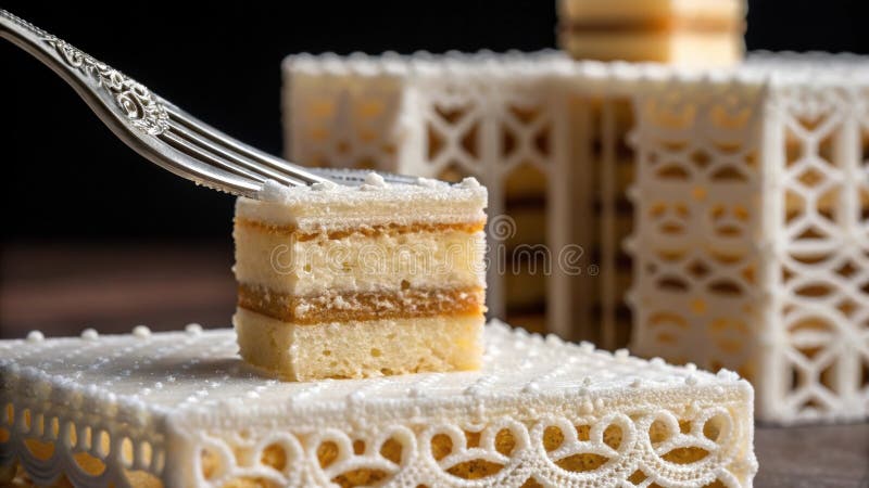 Fork Lifting Slice of 3d Printed Cake with Intricate Lace Design Stock ...