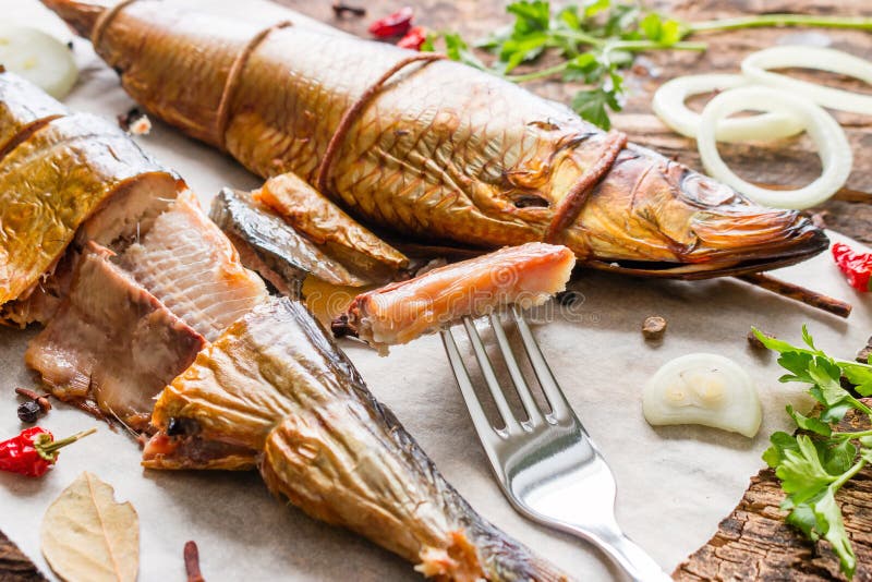 Fork with a Piece of Smoked Herring Fillet Stock Photo - Image of onion ...