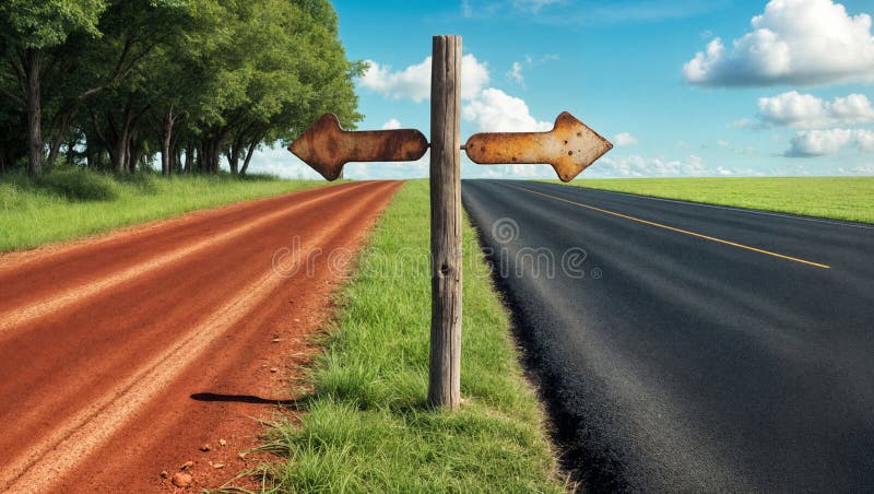 Fork in the Road with a Wooden Post and Rusty Arrows Pointing in ...