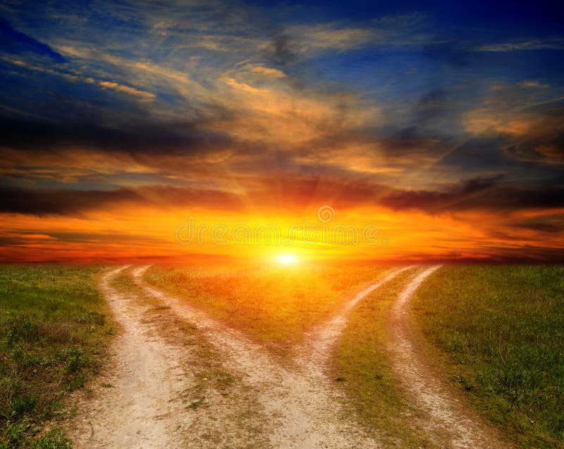 Fork Roads in Steppe on Sunset Background Stock Image - Image of season ...