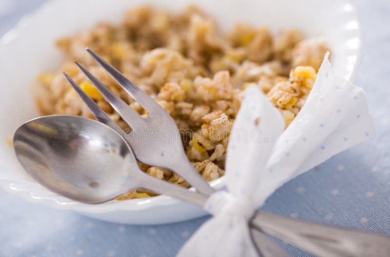 Fork and Spoon Connectedl Blue Ribbon Stock Photo - Image of still ...