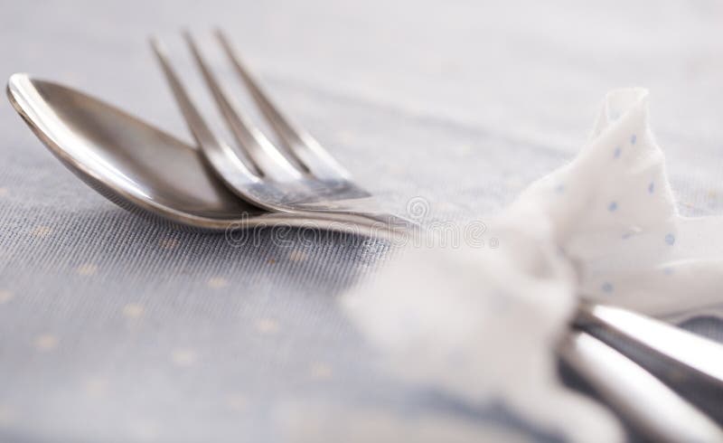 Fork and Spoon Connectedl Blue Ribbon Stock Image - Image of decoration ...