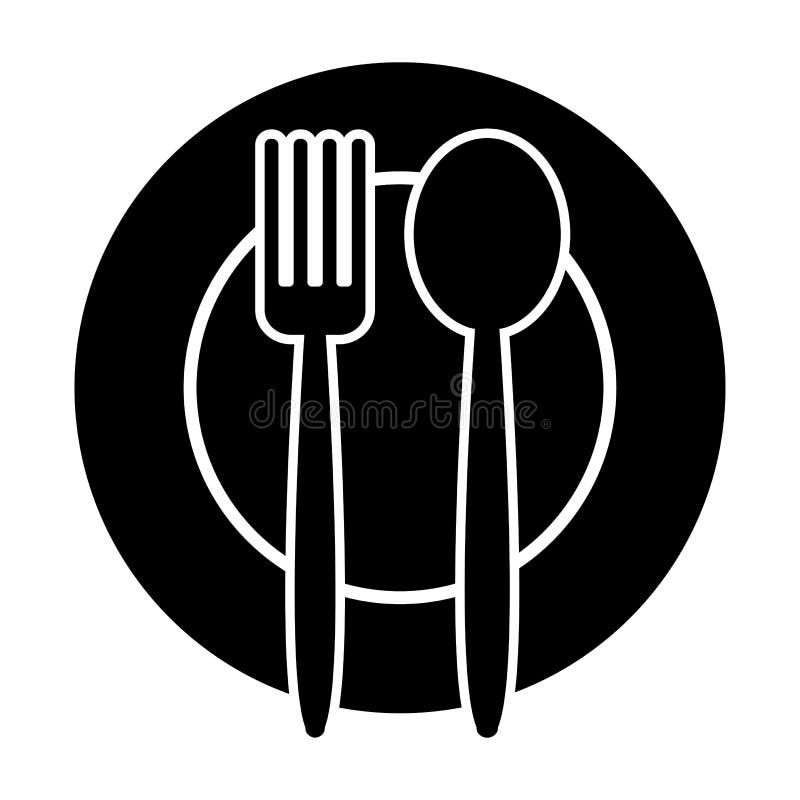 Fork and Spoon on Plate, Outline Design. Vector Stock Illustration ...