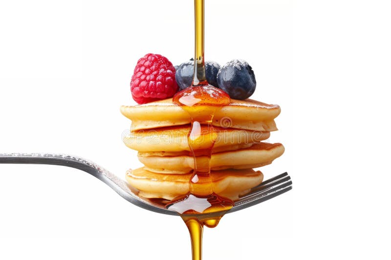 A Fork with a Stack of Mini Pancakes Drizzled with Syrup and Topped ...