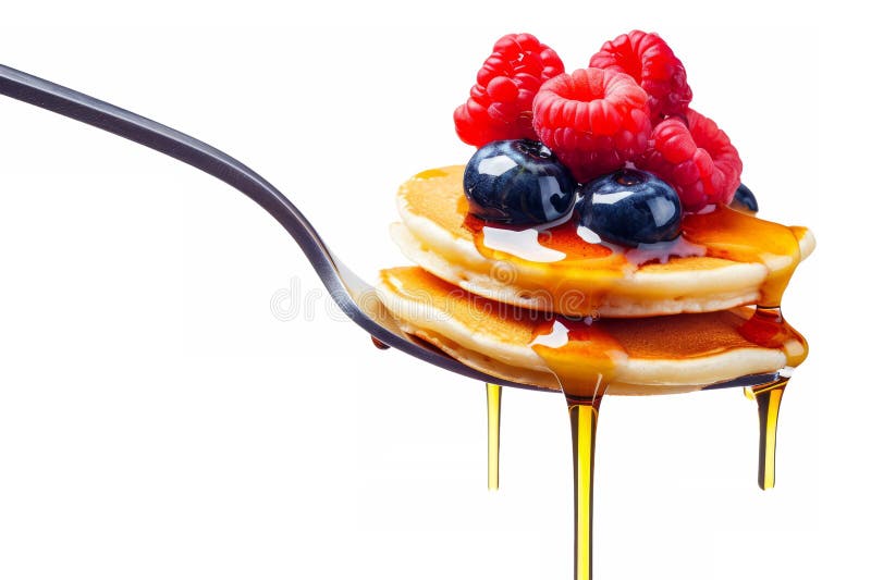 A Fork with a Stack of Mini Pancakes Drizzled with Syrup and Topped ...