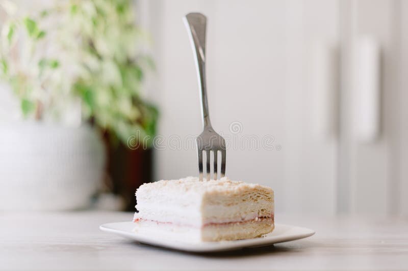 A Fork is Sticking Out of a Piece of Cake on a White Plate Stock Photo ...