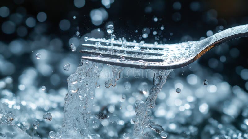 A Fork is Submerged in Water, Creating a Dynamic Splash with Sparkling ...