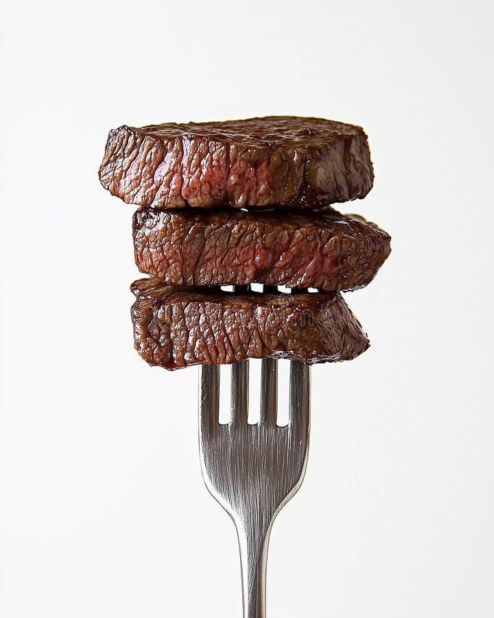 A Fork with Three Pieces of Steak Stacked on Top Stock Photo - Image of stacked, eating: 351870856
