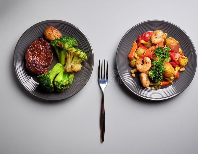 A Fork and Two Plates Each with Different Meals Stock Illustration ...