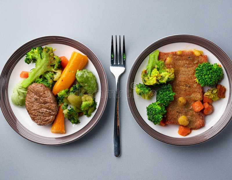 A Fork and Two Plates Each with Different Meals Stock Illustration ...