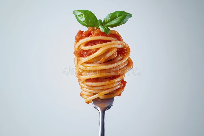 A Fork is Used To Eat Spaghetti Pasta with Tomato Sauce and Basil in ...