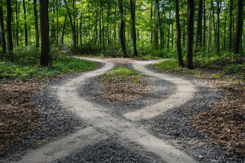Forked Dirt Path in a Green Forest Under Bright Daylight. Decision and ...