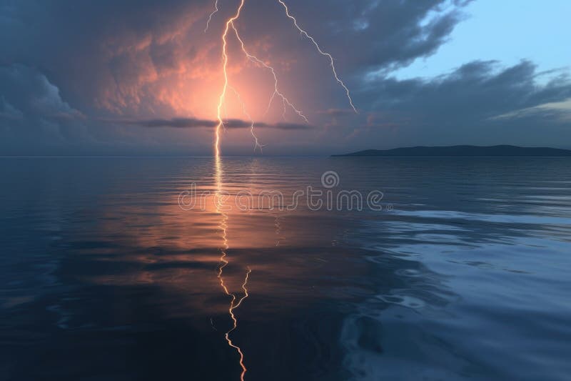 Forked Lightning Strike Reflecting on the Ocean Surface Stock ...