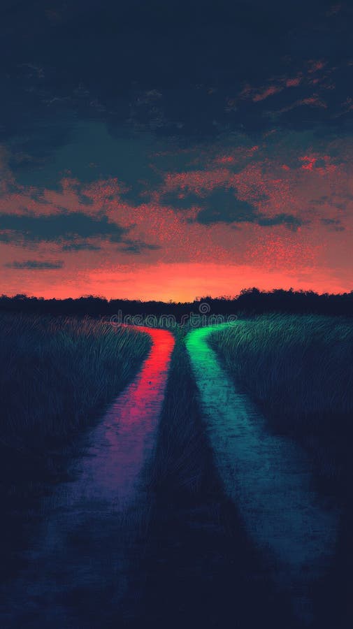 Forked Path in a Field at Dusk with Red and Green Light, Illustrating ...