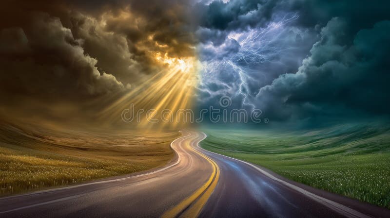 Forked Road Reveals Contrasting Storm Clouds on One Side and Sun Rays ...