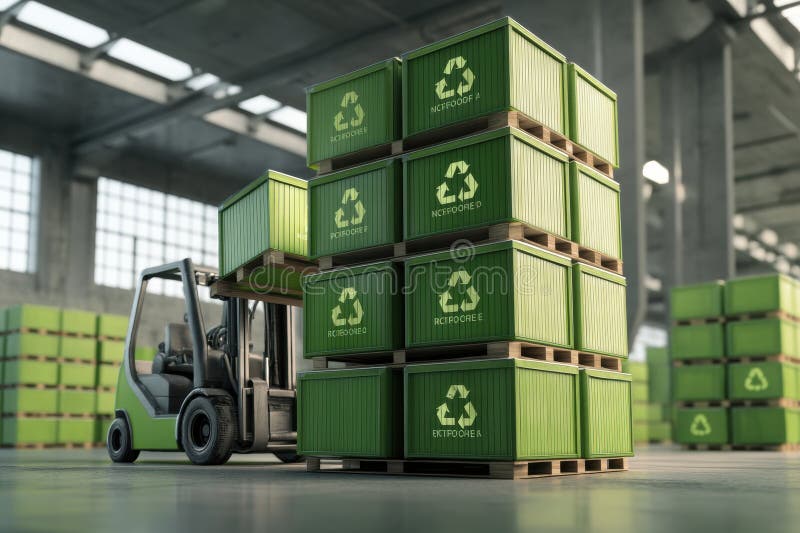 Forklift Transports Stacked Eco-Labeled Boxes in a Sustainable ...