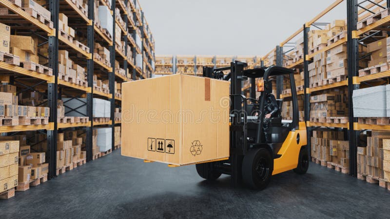 Forklift Carrying Cardboard Boxes in Warehouse Stock Illustration ...