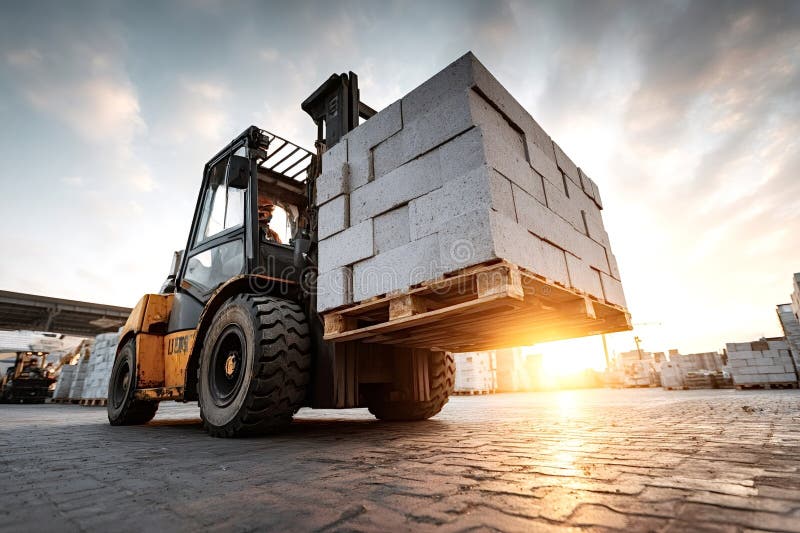 Forklift Carrying Concrete Blocks at Construction Site during Sunset ...