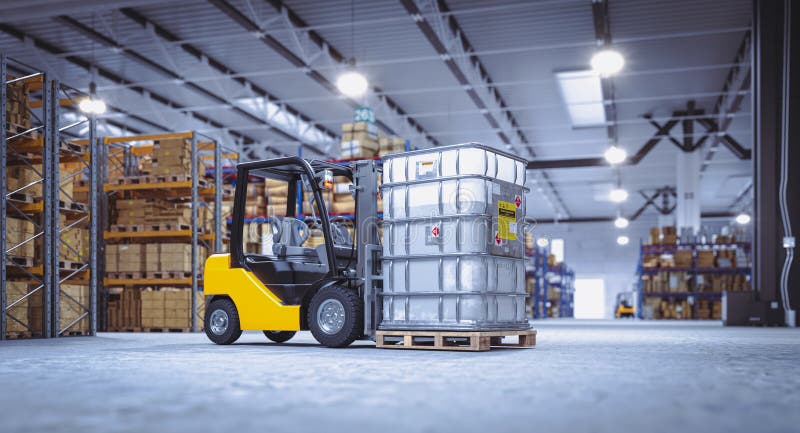 Forklift Carrying Intermediate Bulk Container in Warehouse Stock ...
