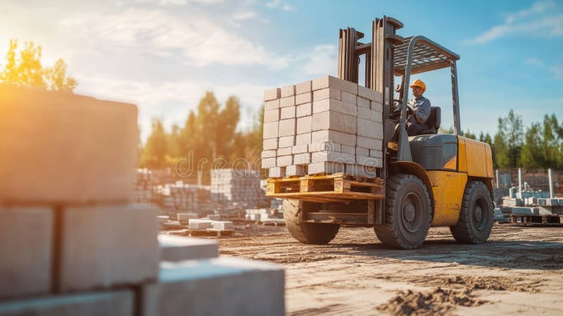 Forklift Carrying Stack of Concrete Blocks at Construction Site in ...