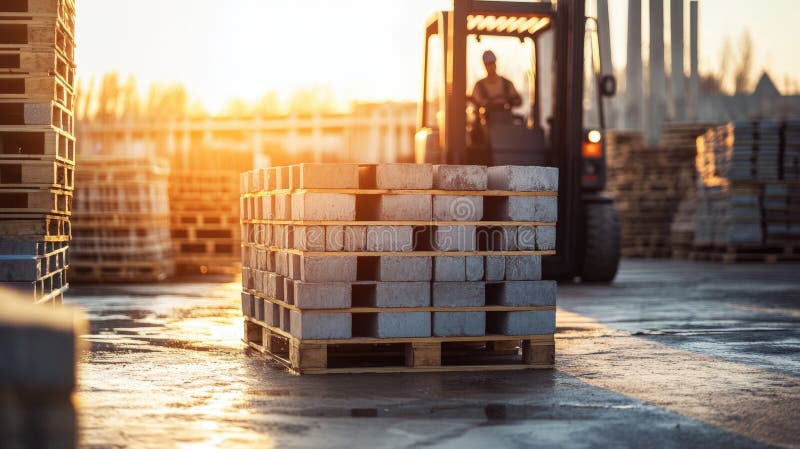 Forklift Carrying Stack of Concrete Blocks at Construction Site in ...
