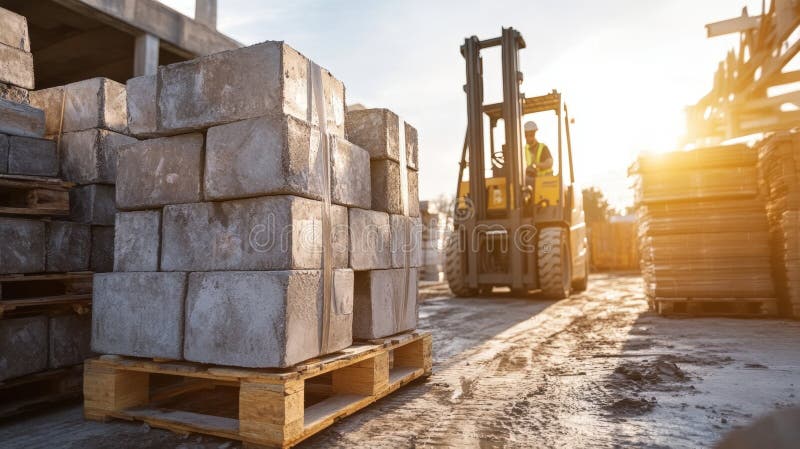 Forklift Carrying Stack of Concrete Blocks at Construction Site in ...