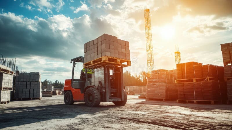 Forklift Carrying Stack of Concrete Blocks at Construction Site in ...