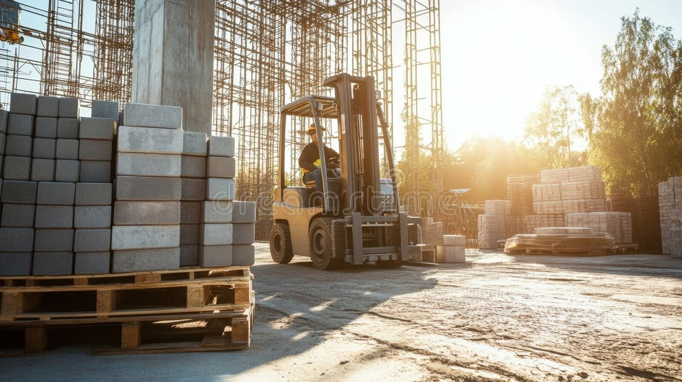 Forklift Carrying Stack of Concrete Blocks at Construction Site in ...