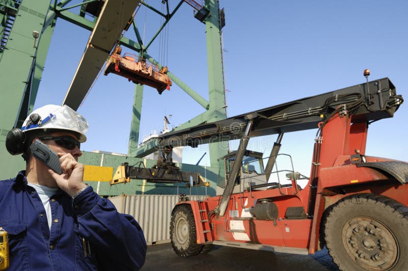 Forklift, Crane and Container Port Stock Photo - Image of forklift ...