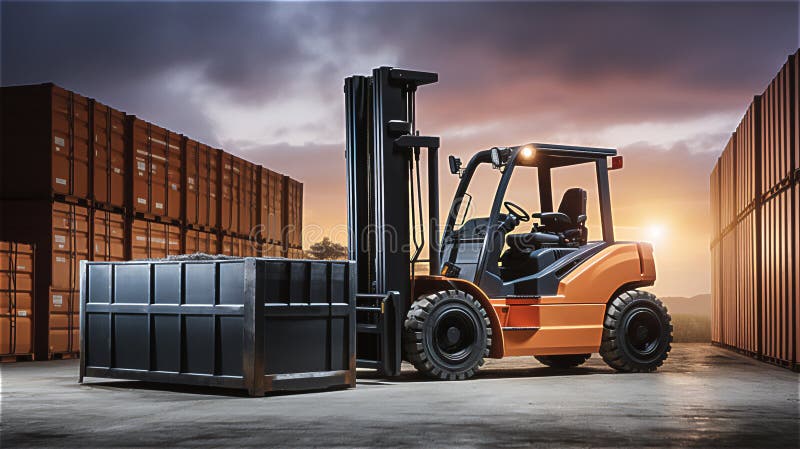 Forklift Diesel Freight Transport in a Container Warehouse. Stock ...