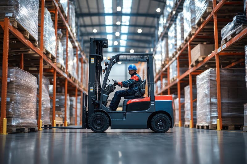 A Forklift Driving through a Warehouse Stock Photo - Image of interior ...