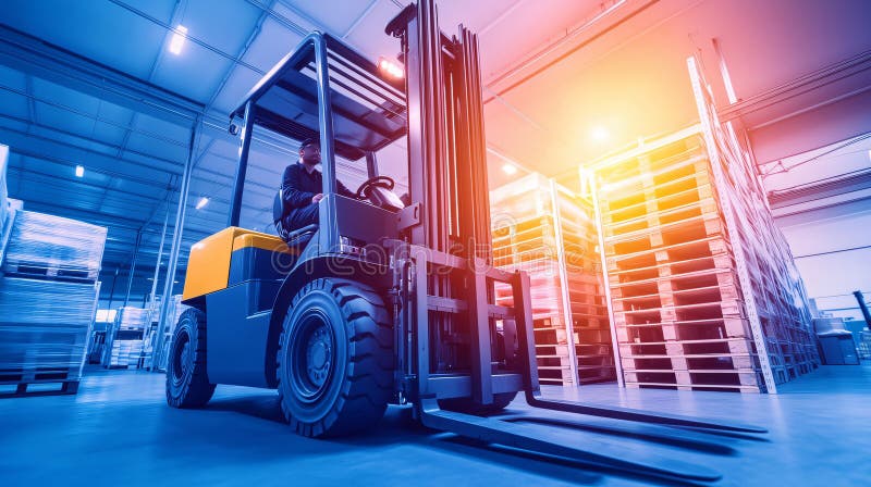 Forklift Driver Moving through Warehouse with Goods on Pallets Stock ...