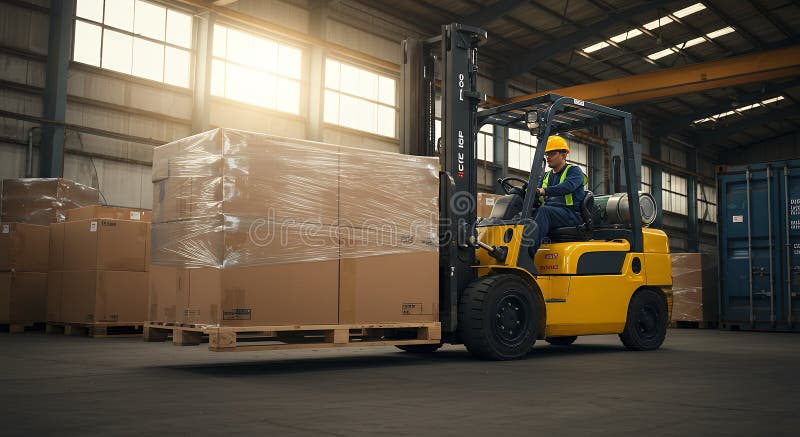 Forklift Driver Moving Pallet of Wrapped Boxes in Warehouse: Efficient ...
