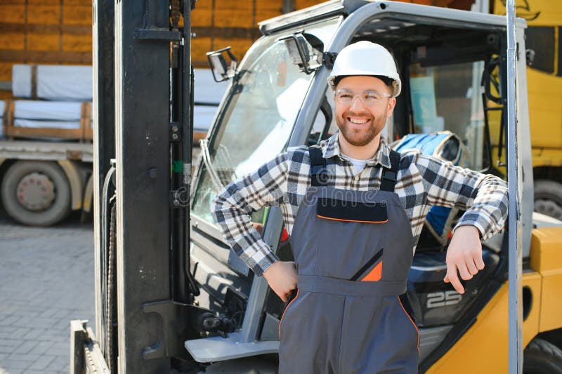 Forklift Driver in Protective Vest and Forklift Standing at Warehouse ...