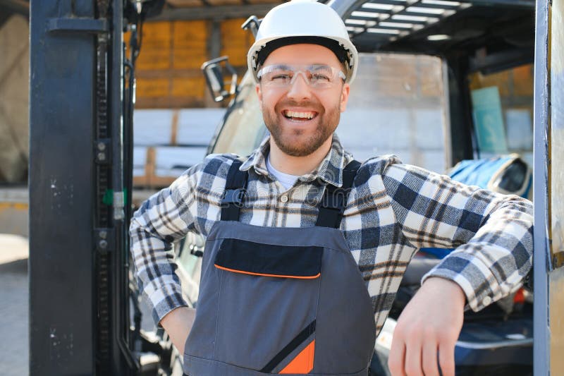 Forklift Driver in Protective Vest and Forklift Standing at Warehouse ...