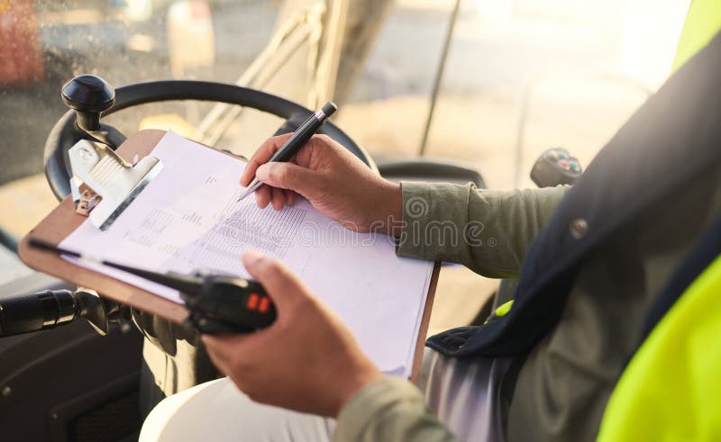 Forklift Driver and Writing on Checklist for Warehouse Admin and ...