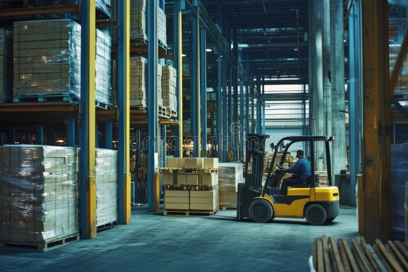 A Forklift Drives through a Warehouse Full of Boxes Stock Photo - Image ...