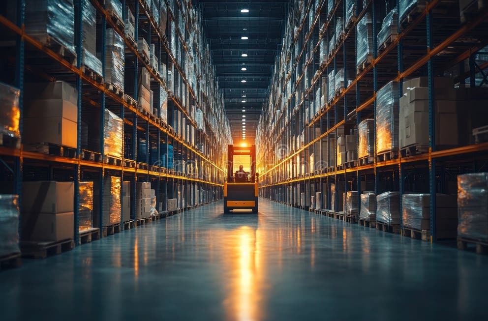 A Forklift is Driving Down a Warehouse Aisle Stock Illustration ...