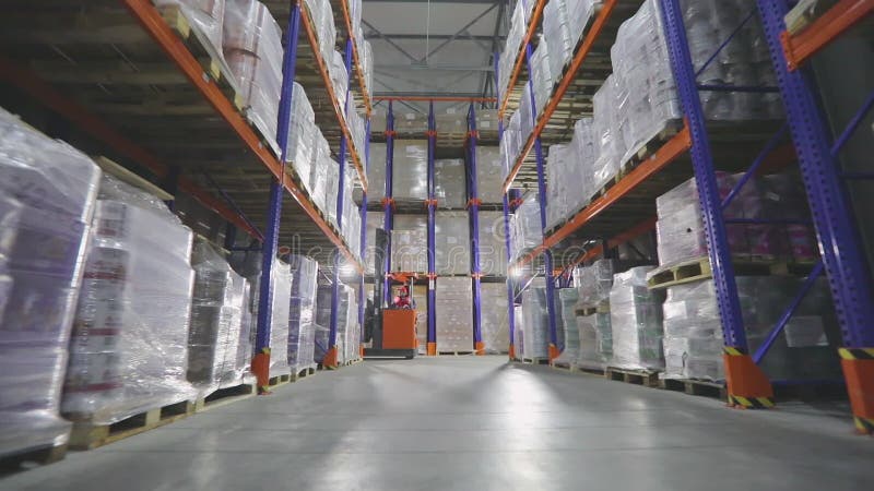 Forklift in the Warehouse. the Forklift is Driving through the ...