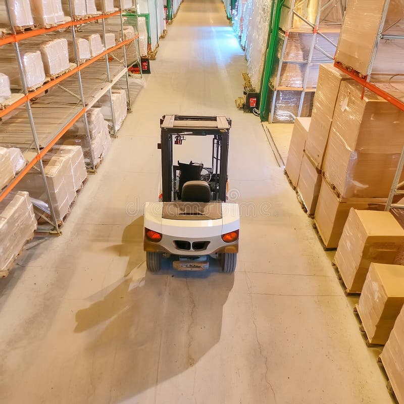 Forklift Driving through Warehouse Filled with Boxes. Generative AI ...